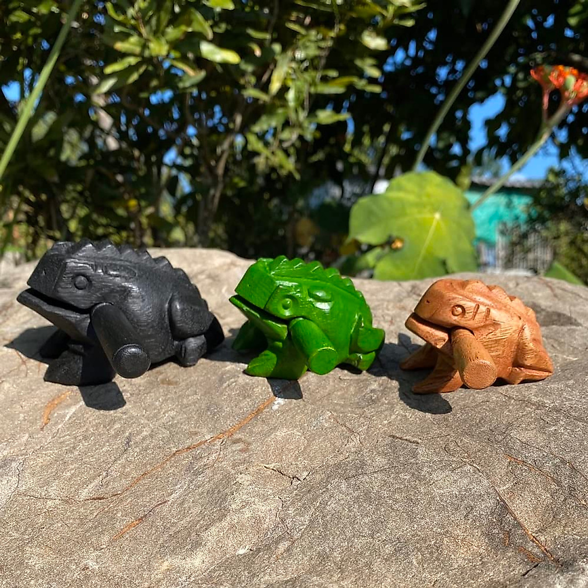 Percussion Instruments Wooden Frog 3 Pcs Set of 4 Inch Frog, 3 Inch Frog, 2.25 Inch Frog, Wooden Frog Musical Instrument Home Decor. (Black/Green/Brown Colors)