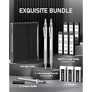 Four Candies 2PCS Metal Mechanical Pencils Set with Case, 0.5mm & 0.7 mm Artist Pencil with 6 Tubes (360PCS) HB Lead Refills, 3 Erasers,9 Eraser Refills For Writing Drafting, Drawing, Silver