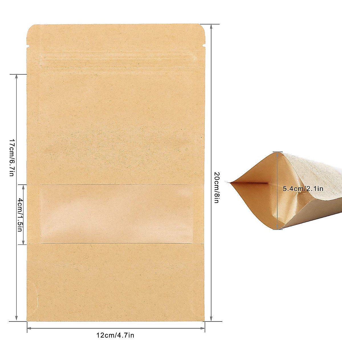SumDirect Kraft Food Bags with Window - Resealable Kraft Stand Up Pouches, 50Pack 4.7x7.8inches Zipper Food Storage Bags for Packaging