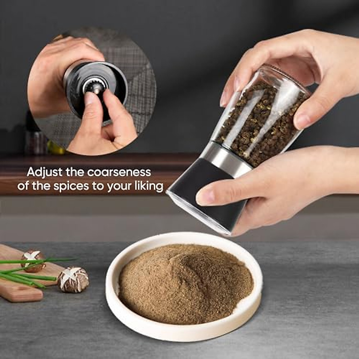 Pepper Grinder Pepper Mill, Salt Grinder Refillable,(Single Package) Adjustable Coarseness Black Pepper Grinder, Stainless Steel Sea Salt Shaker with Ceramic Rotor(black lid short)