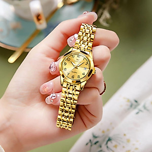 OLEVS Gold Womens Watch Fashion Dress Diamond Female Watches for Ladies Analog Quartz Stainless Steel Waterproof Luminous Day Date Two Tone Wristwatch