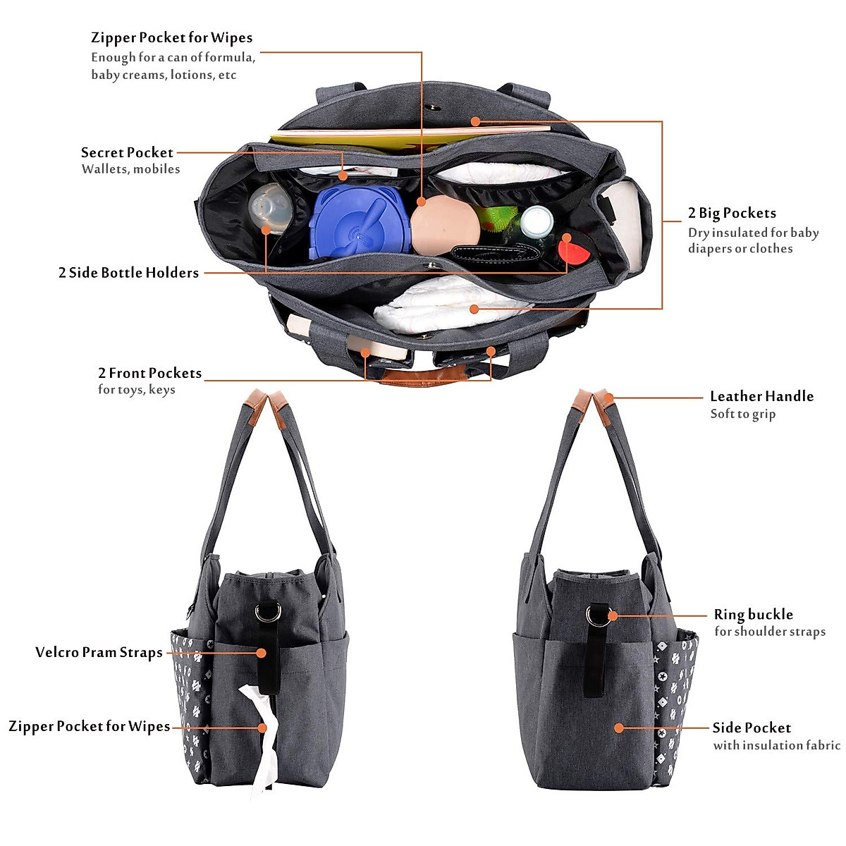 Homlynn Diaper Tote Bag, Baby Changing Satchel Bag Messenger Weekender with 12 Pockets and Stroller Straps for All Baby Accessories (Classic Grey)