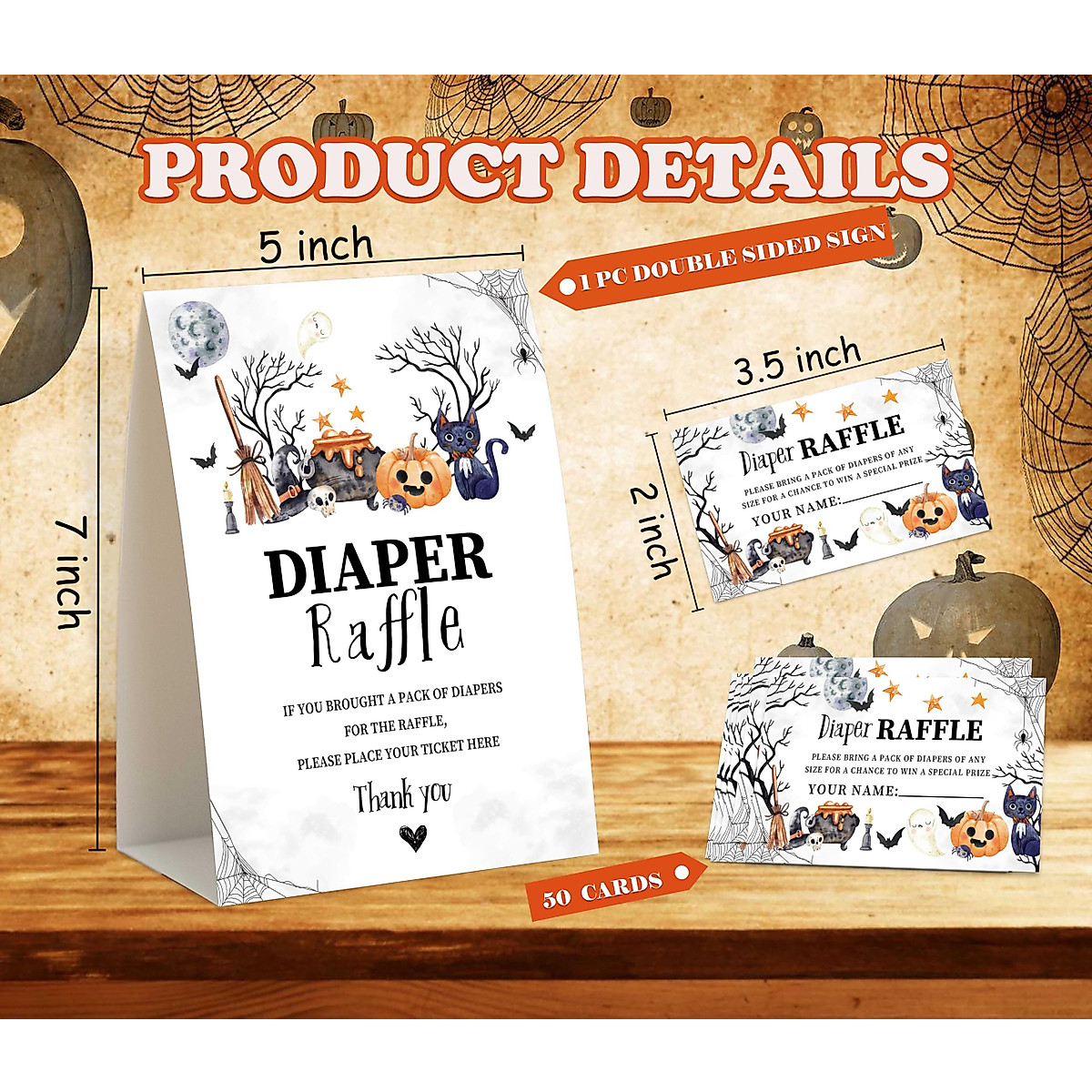 Baby Shower Games - Halloween Diaper Raffle, 1 Sign and 50 Diaper Raffle Tickets, Gender Reveal Game, A Baby is Brewing Halloween Baby Shower Decoration Supplies (RNB02)