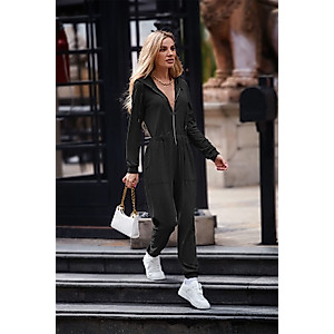 PRETTYGARDEN Women's Casual Long Sleeve Hooded Jumpsuits Zip Up One Piece Outfit Romper with Pockets (Black,Medium)