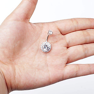 Sllaiss CZ Halo Belly Button Rings for Women 925 Sterling Silver 14G Belly Rings Round Cubic Zirconia Body Jewelry Curved Barbells Navel Rings 3/8" 10mm