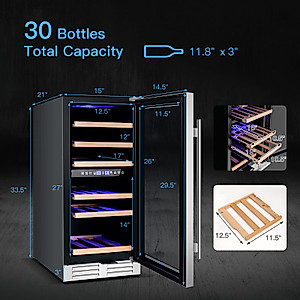 PETSITE 30 Bottle Wine Cooler Refrigerator, 15 Inch Built-in & Freestanding Beverage Fridge Cellar with Dual Temperature Zone & Temp Memory Function for Standard & Large Bottles