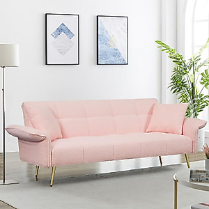 AZSJML Futon Sofa Bed, Teddy Sleeper Sofa Couch, 70" W Modern Tufted Sofa Couch with Adjustable Arms and Backrests for Living Room,Small Spaces,Bedroom,Pink