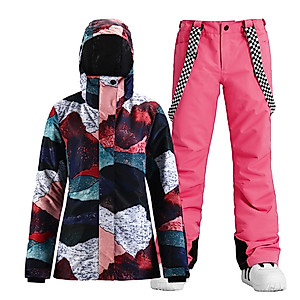 GSOU SNOW Women's Ski Jacket and Pants Snowboarding Snowsuit Coat Insulated Waterproof Windproof,Color Spot Pink L