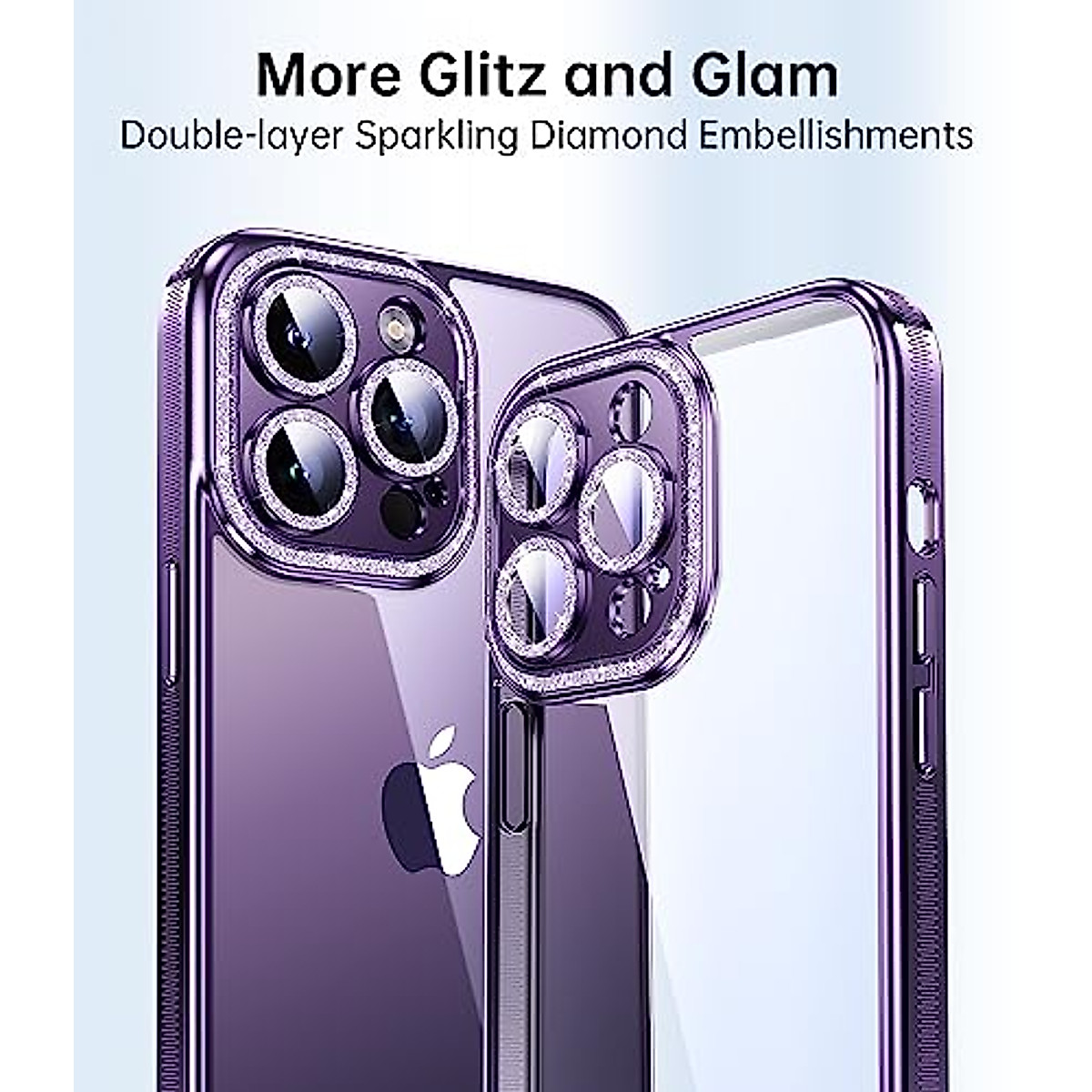 JAZZCAMEL for iPhone 14 Pro Max Case with Onepiece Glitter Camera Protector,Military Anti-Slip Gear Line, Military Drop Protection, Slim Luxury for Women Girls Men Clear Phone Case 6.7'' - Purple