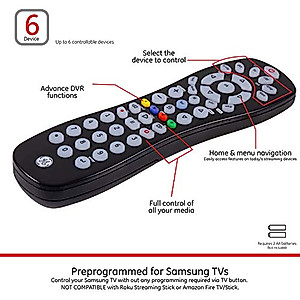 GE Universal Remote Control for Samsung, Vizio, Lg, Sony, Sharp, Roku, Apple TV, TCL, Panasonic, Smart TVs, Streaming Players, Blu-Ray, DVD, 6-Device, Black, 34459