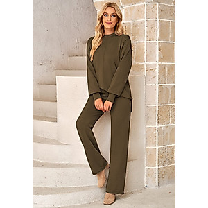 Fixmatti Women's 2 Piece Outfits Sweatsuit Knit Long Sleeve Sweater Wide Leg Pants Loungewear Brown S