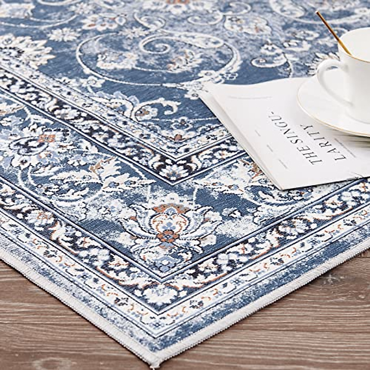 jinchan Area Rug 8x10 Persian Rug Blue Vintage Rug Traditional Mat Distressed Indoor Foldable Thin Rug Retro Accent Rug Floral Print Rug Non Slip Carpet Living Room Dining Room Office