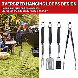 MAGIC FLAME 18'' BBQ Grill Accessories, Heavy Duty 5 Pcs Grilling Tools, Extra Thick Stainless Steel Grill Utensils Set Gift with Spatula Fork Cleaning Brush Tong BBQ Set for Outdoor Camping Grilling