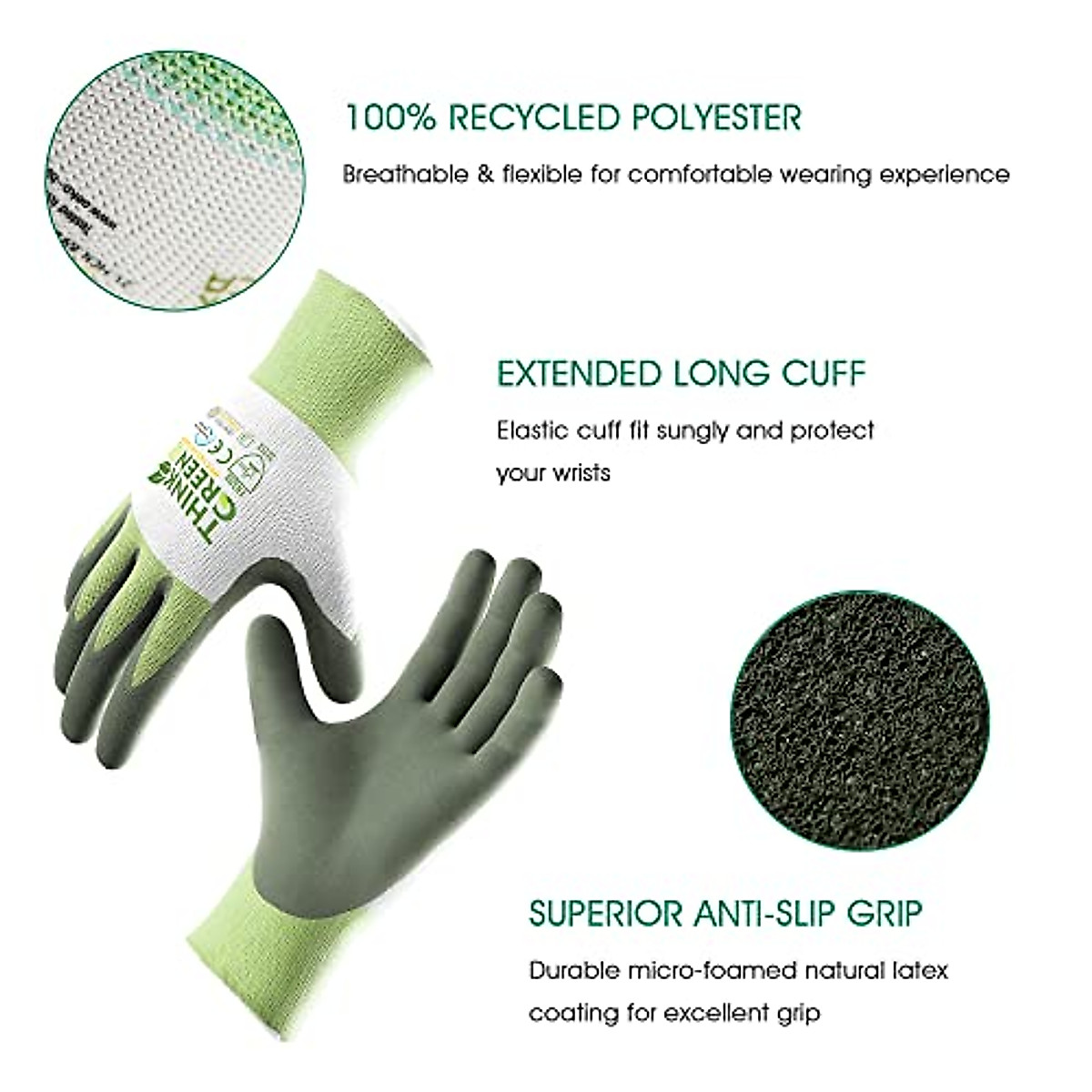 COOLJOB 3 Pairs Gardening Gloves for Women and Men, Recycled Polyester Garden Gloves with Rubber Coated, Non-slip Working Gloves for Outdoor Indoor Workers, Green & White, Large Size