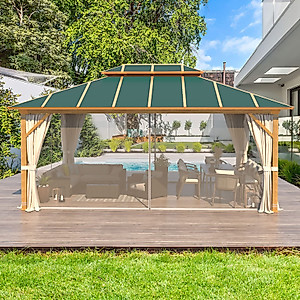 MELLCOM 12' x 16' Hardtop Gazebo, Wooden Grain Coated Aluminum Frame Outdoor Gazebo with Aluminum Double Roof, Claret Metal Gazebo with Curtains and Nettings for Patios, Gardens, Lawns