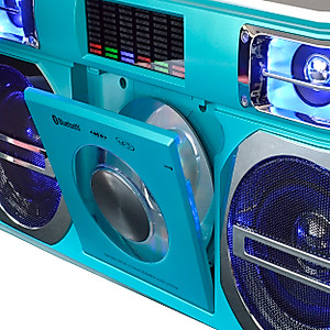 Studebaker Vintage Aqua Turquoise 80's Retro Street Bluetooth Wireless Streaming Boombox Rechargeable Battery, CD/MP3 Player, AM/FM, USB, Multi Color LED EQ, Full-Range High Bass Speakers & AC/DC -