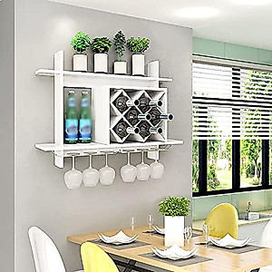 WANLECY Wall Mounted Wine Rack, 6 Bottles Wooden Wine Storage Display Rack with Metal Glass Holder, Modern Diamond-Shaped Wine Bottle Glass Holder Shelf for Wine Bottles, Liquor, Champagne