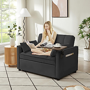 JEEOHEY 3 in 1 Sleeper Sofa Bed,47" Velvet Tufted Futon Pull Out Couch Bed,2 Seater Loveseat Chaise Lounge with Reclining Adjustable Backrest&Table for Living Room,Apartment,Office,Small Space(Black)