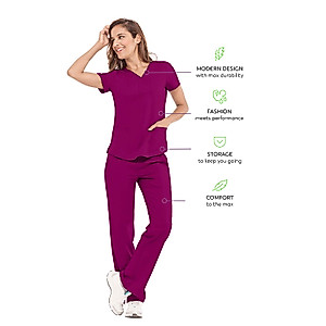 Healing Hands Women's Y-Neck Scrub Top with 2 Pockets, Knit Details, Shirttail Hem, and 2-Way Stretch Fabric 2167, Large, Wine