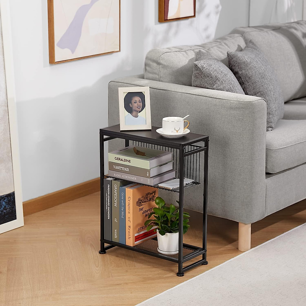 Slim End Table with Magazine Holder - 2 in 1 Design for Small Spaces - Black