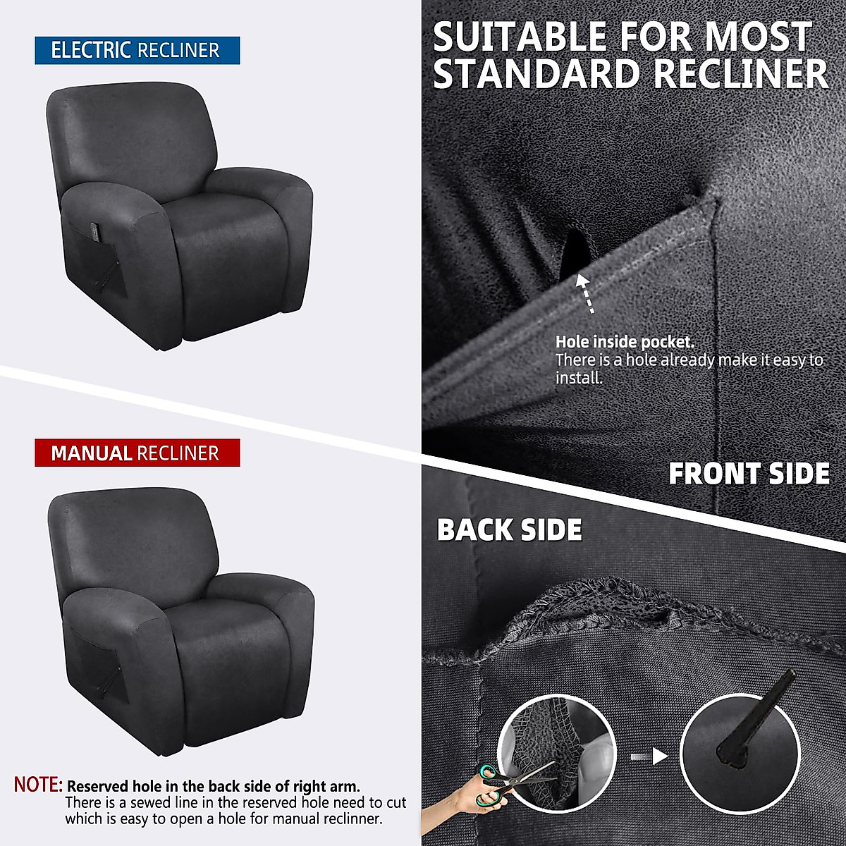 molasofa Recliner Chair Covers - 4 Pieces Leather Like Large Recliner Covers with Pocket Soft Stretch Recliner Slipcover for Lazy Boy Recliner Chair Washable Furniture Protector (Dark Grey)