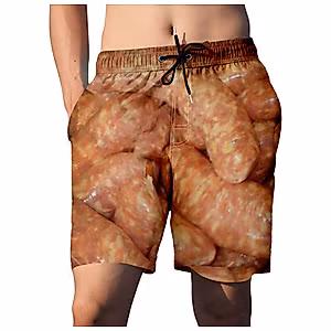 GDJGTA Men's Cool Swimtrunks Quick Dry 3D Food Sausage Printed Realistic Hawaiian Mesh Lining Beach Board Shorts with Pockets Yellow