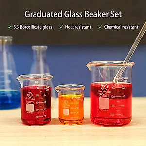 HUAOU Glass Beakers Set, 50ml 100ml 250ml Lab Glassware Beaker with Double Scale, Low Form 3.3 Boro Science Chemistry Measuring Beakers (3pcs)