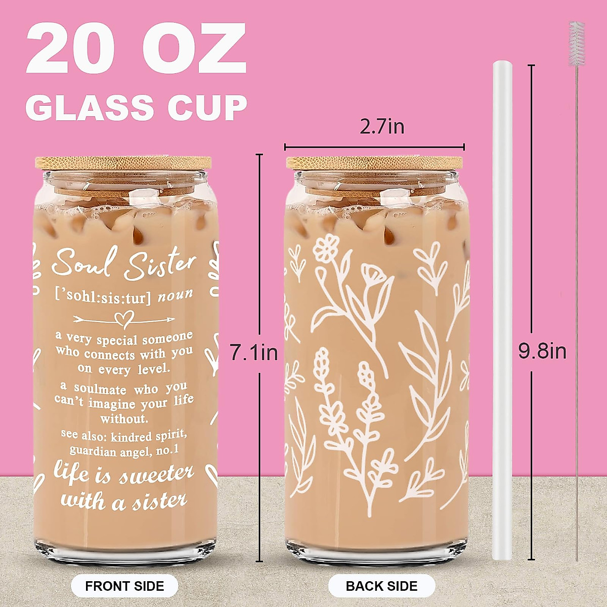 Hweijm Soul Sister Gifts, Best Friend Birthday Gifts for Women, Friendship Gifts, female Friends Friendship Birtdhay Gifts For BFF Besties, 20 Oz Soul Sister Coffee Glass