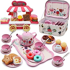 44PCS Tea Set for Little Girls, Kids Pretend Toy Playset, Teapot Dishes Dessert Mini Ice Cream Cart & Carrying Case, Princess Tea Time Kitchen Pretend Play Toys Gift for Toddlers Girls Age 3-8