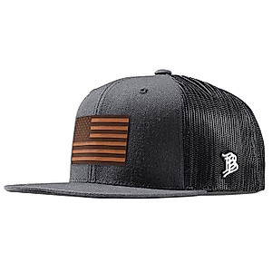 Branded Bills Old Glory Tan Leather Charcoal Grey Flat Trucker, Lightweight, Comfortable Baseball Cap