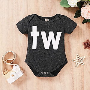 2Pcs Newborn Twins Baby Boys Girls Short Sleeve Letter Print Romper Bodysuit Summer Outfit Clothes 0-12M (0-3 Months, Charcoal Black-02)
