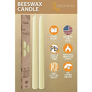Hyoola 16" Beeswax Taper Candles - 16 Hour Burn Time - White Beeswax Candles - 2 Pack