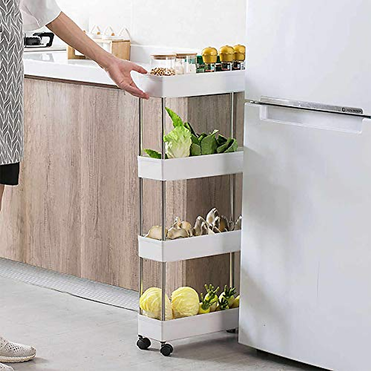 Modern Home 4 Tier Narrow Sliding Storage Organizer Rack - Laundry/Bathroom/Kitchen Rolling Cart (White)