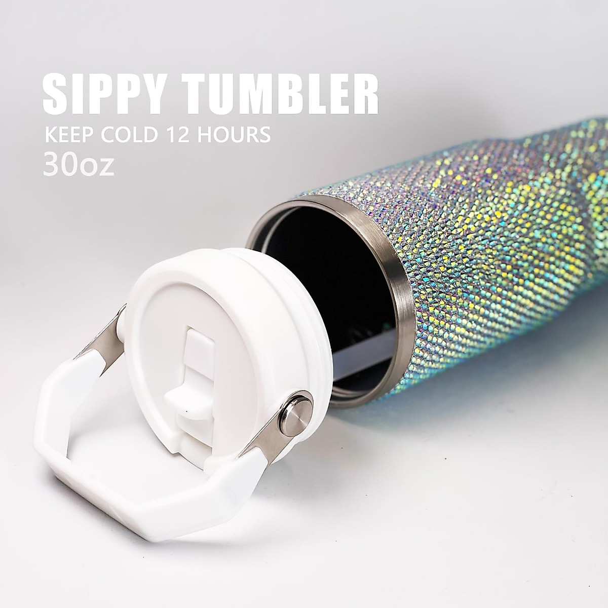 Cupcupmore Bling Mermaid Rhinestone Stainless Steel Tumbler 30oz Vacuum Insulated Water Bottle with Flip Straw & Lid &Handle, Leakproof Thermos Keeps Cold 12 Hours for Home, Office, Car, Gym, Travel