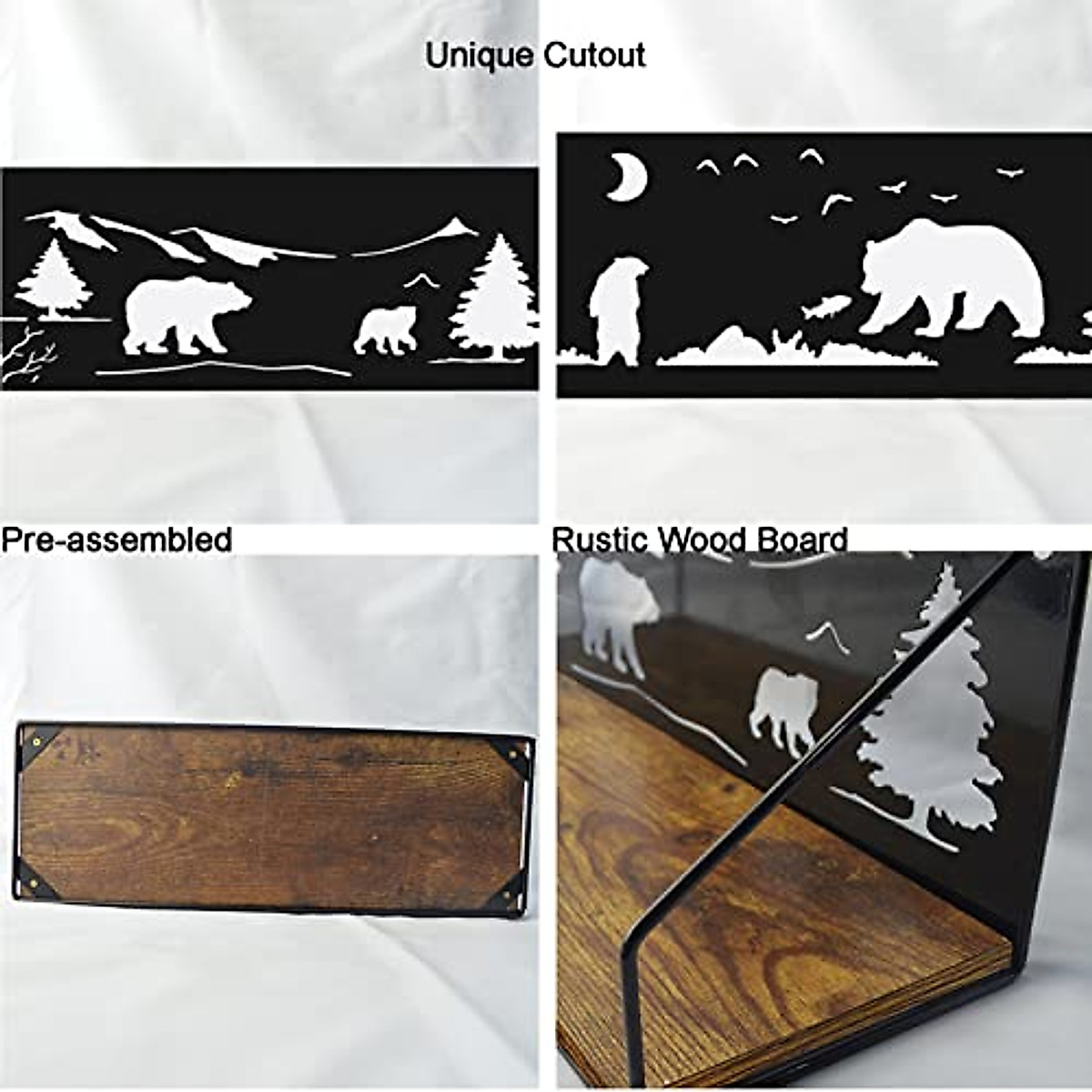 Giftgarden Floating Shelves for Wall with Unique Adorable Bears Cutouts, Rustic Wooden Iron Wall Shelf Decor for Bathroom Cabin Lodge Bedroom Kitchen Living Room Nursery, Black, Set of 2