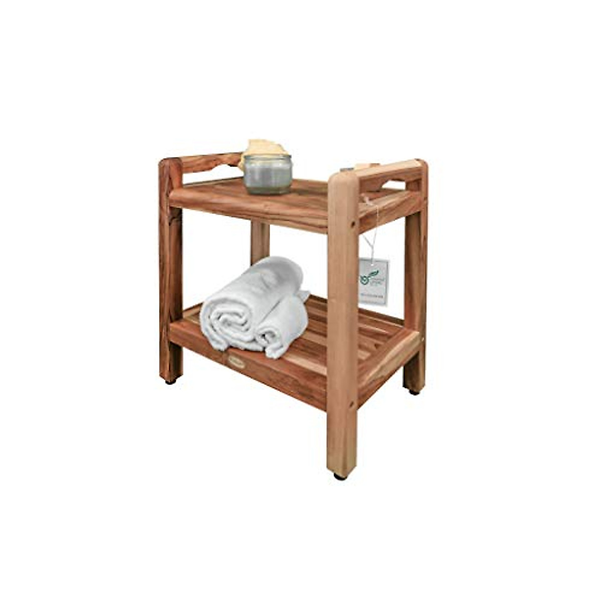 DecoTeak Earthy Teak Shower Stool Eleganto Natural Wood Seat Shower Bench with Storage Shelf and LiftAide Arms for Indoors and Outdoors - 14 inches Wide