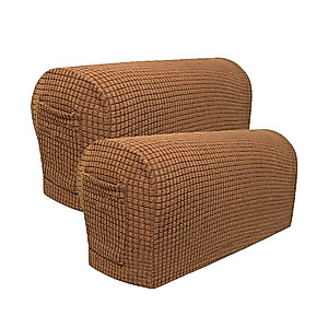 Garayma Sofa Armrest Covers Arm Slipcovers with a Pocket Elastic Sofa Armrest Protector Removable Couch Arm Covers for Sofa Anti-Slip Armrest Covers Christmas Furniture Deco Pack of 2 (Coffee)