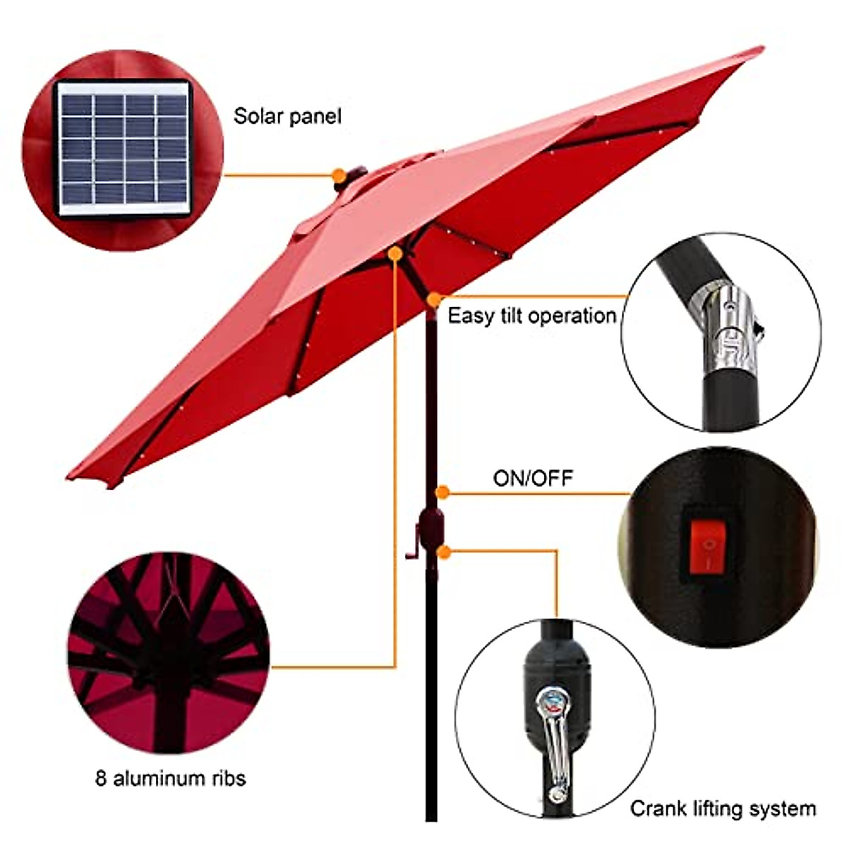 Blissun 9 ft Solar Umbrella 32 LED Lighted Patio Umbrella Table Market Umbrella with Tilt and Crank Outdoor Umbrella for Garden, Deck, Backyard, Pool and Beach (Red)