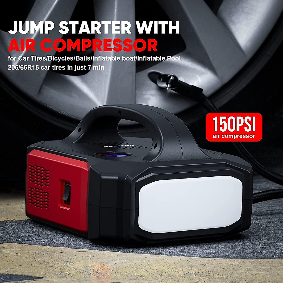 Povasee Jump Starter with Air Compressor,3500A Jump Starter Battery Pack with 150PSI Tire Inflator,12V Car Jump Starter with LED Light, 24W Quick-Charge, for All Gas and Up to 8.0L Diesel Engines