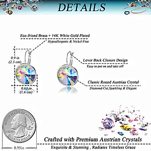 Austrian Crystals Round Drop Leverback Earrings for Women 14K Gold Plated Hypoallergenic Hoop Earrings (Aurora Borealis)
