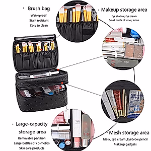 MKPCW makeup bag Large Double-layer cosmetic bag with brush bag and divider Makeup Case Organizer (Black)