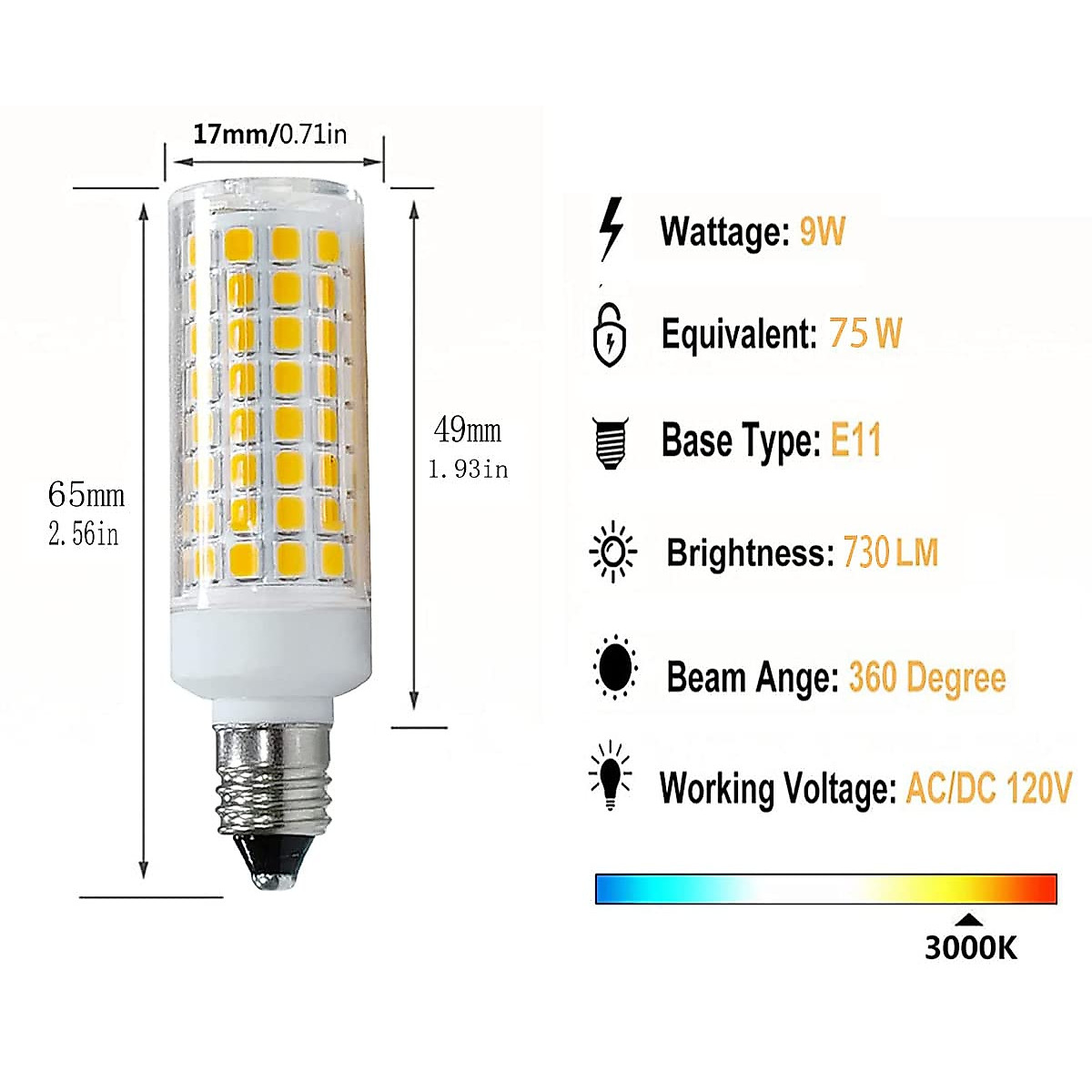 HAOGUAIS 6-Pack LED E11 Bulbs, E11 Mini Candelabra Base, Warm White 3000K 75W Halogen Equivalent, 120V 7W JD T3 T4 Corn Bulb Indoor Lighting