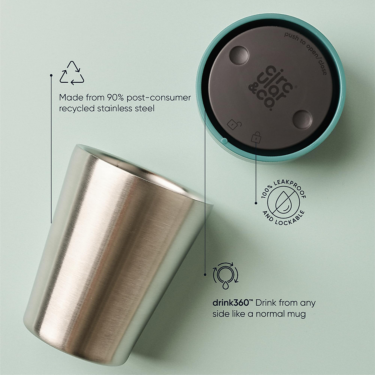 Circular & Co Stainless Steel Coffee Cup - 12oz - Insulated Reusable Travel Mug - Made from Recycled Stainless Steel - 100% Leakproof Coffee Mug - Fully Lockable - Insulated for 6 Hours