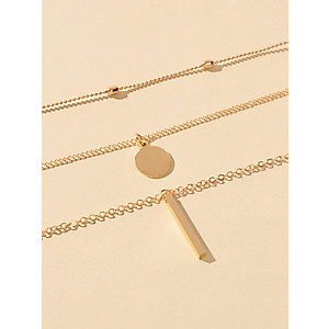 GORGLITTER Women's 3 Piece Round and Bar Pendant Layered Necklace Dainty Chain Choker Necklaces Yellow Gold One Size