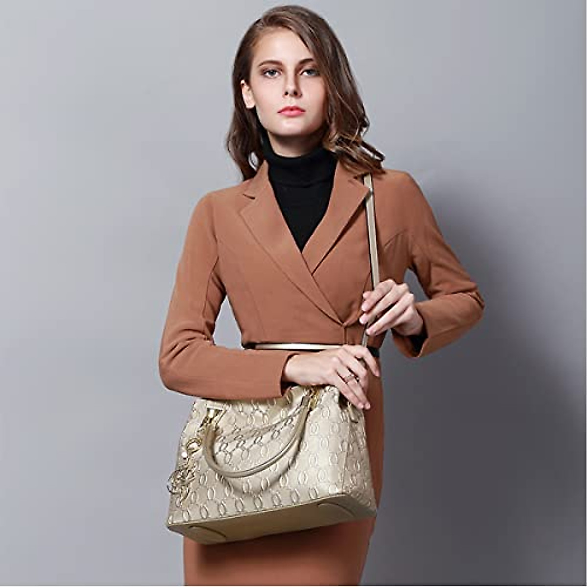 Leather Handbags for Women, Split Cowhide Lock Chain Pattern Ladies Top-handle Bag with Adjustable Shoulder Strap Women's Pocketbooks Tote Bag Womens Leather Crossbody Purses and Handbags (Gold)