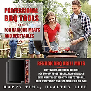 RENOOK Grill Mat, Heavy Duty 600 Degree Non Stick BBQ Mats, Easy to Clean & Reusable, Gas Charcoal Electric Griling Accessories, Best for Outdoor Barbecue Baking and Oven Liner, Set of 2, 20 x17-Inch