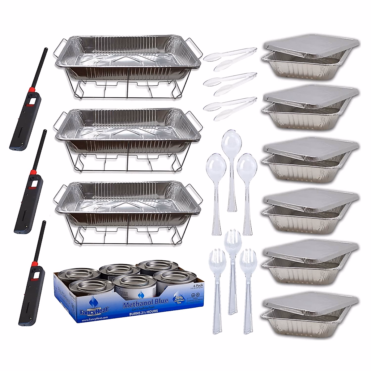 Nicole Fantini 36 Piece Party Buffet Serving Kit Includes Chafing Kits and Serving Utensils For All Types Of Parties And Events | Disposable Party Set Including Handy Lighters