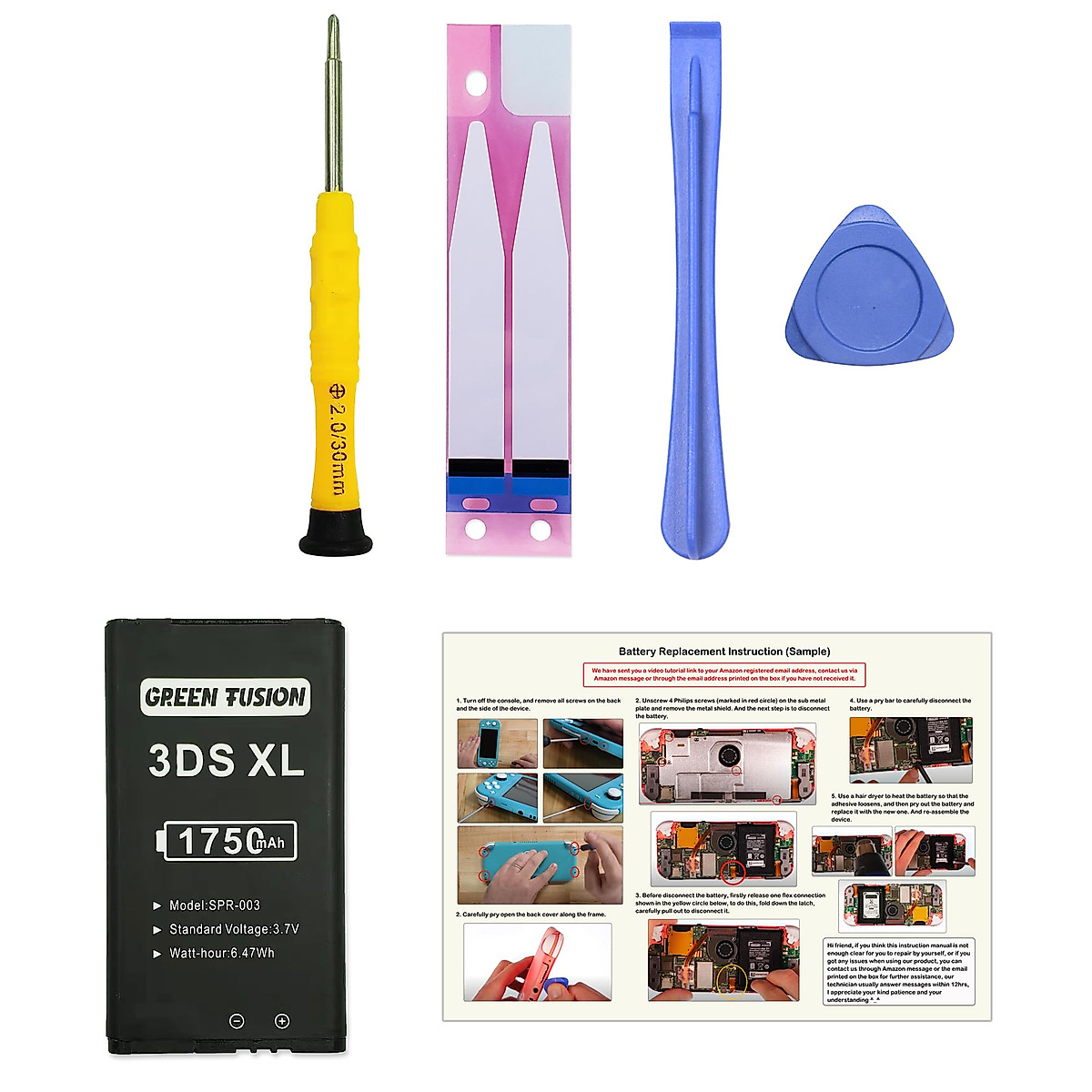 GREEN FUSION for 3DS XL & New 3DS XL Battery Replacement, 1750mAh SPR-003 Battery for Nintendo 3DS XL/New 3DS XL (Not for 3DS/New 3DS) with Repair Toolkit