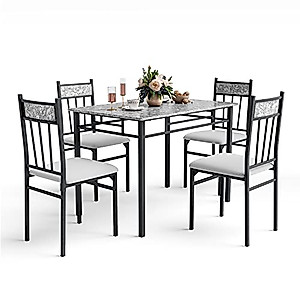NAFORT 5-Piece Dining Table Set for 4, Vintage Rectangular Kitchen Table and 4 Chairs with Cushion Padded Seat, Metal and Wood Dining Set Kitchen Furniture, Marble Top