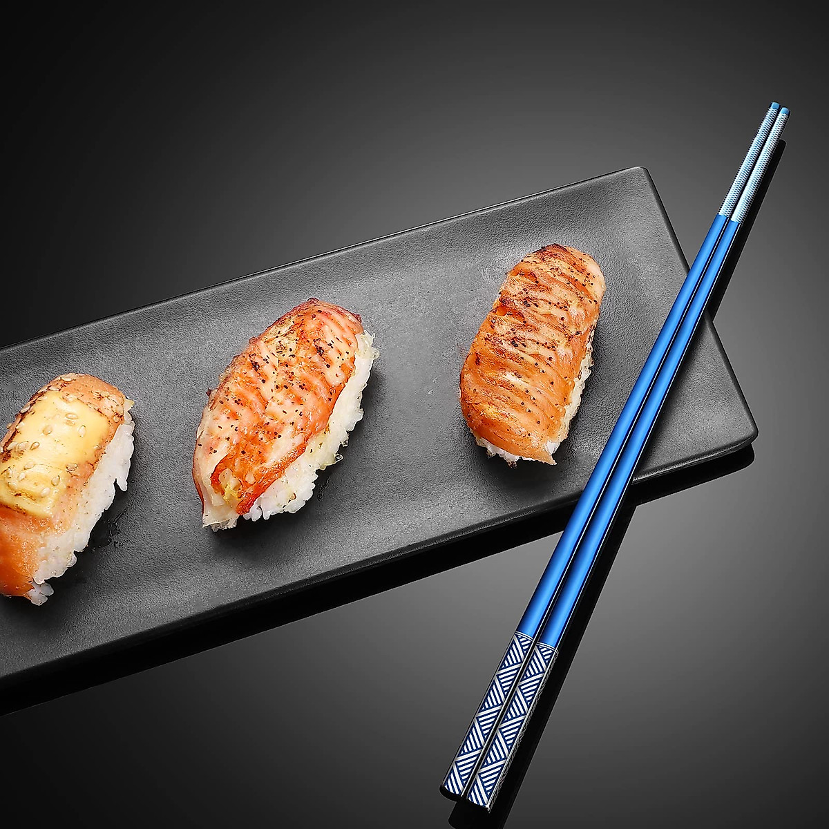 TIICOO Metal Chopsticks Reusable 18/8 Stainless Steel Chopsticks Laser Engraved Premium Titanium Chop Sticks Dishwasher Safe Lightweight Japanese Korean Chopsticks 5 Pairs Gift Set (Blue)